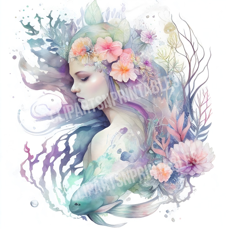 Mermaids Watercolor Clipart, JPG for Digital Download, Card Making ...