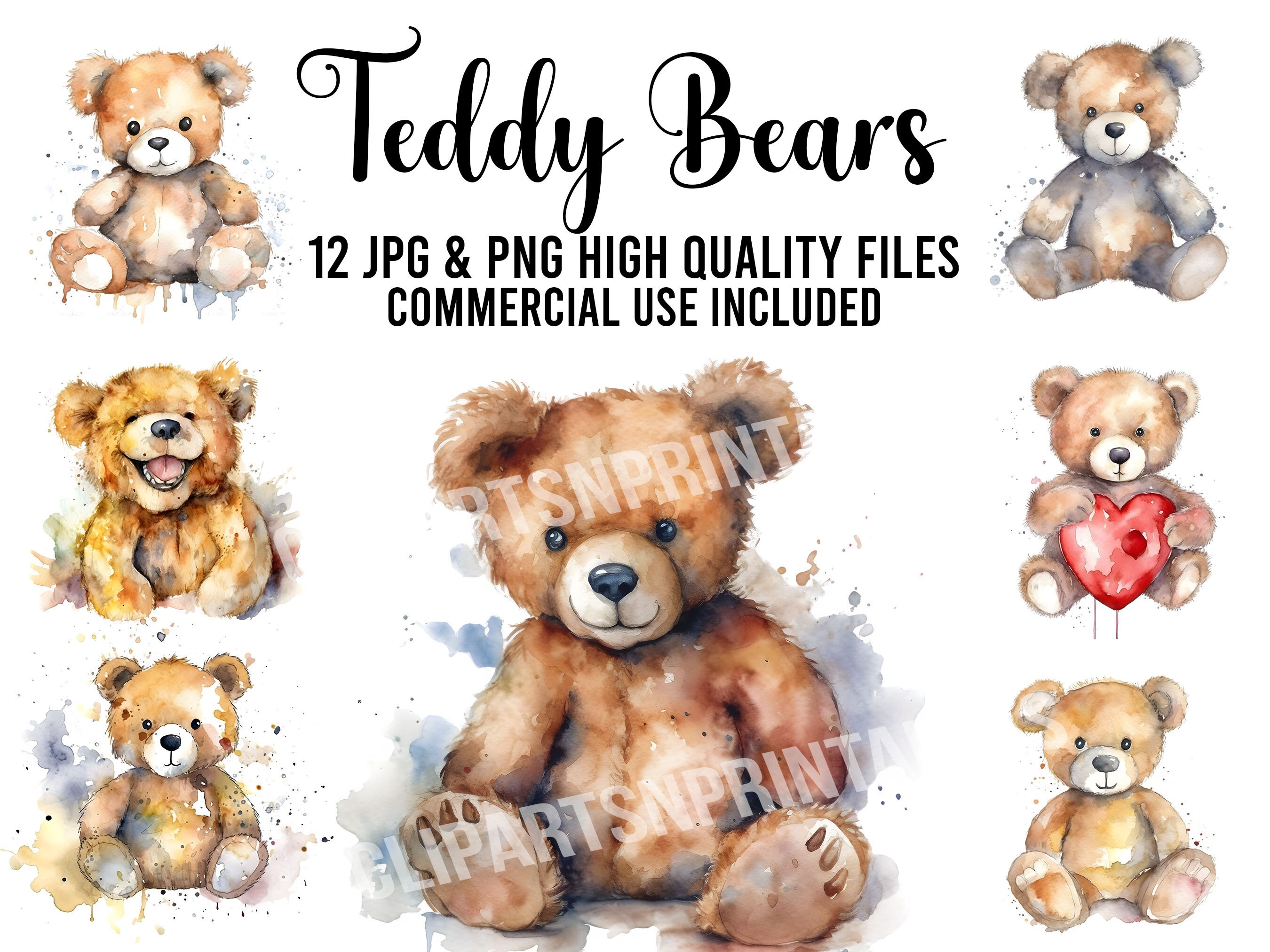 Cute Teddy Bears Watercolor Clipart, 12 Pngs and Jpgs and for Digital ...