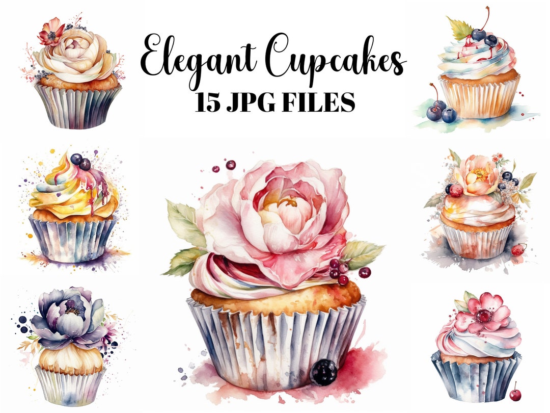Boho Cupcakes Watercolor Clipart, 15 Jpgs for Digital Download, Card ...