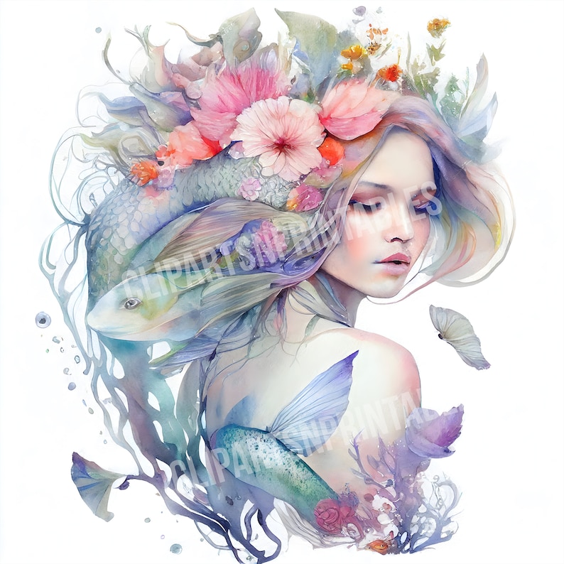 Mermaids Watercolor Clipart, JPG for Digital Download, Card Making ...