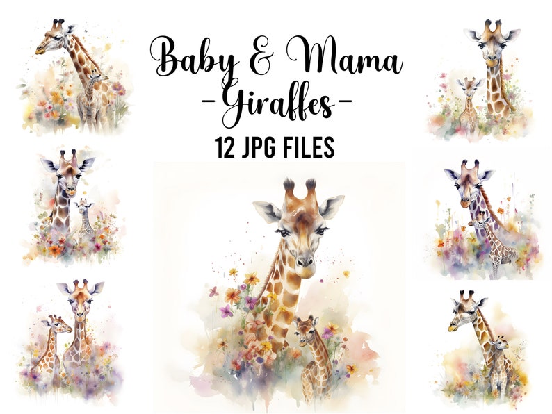 Cute Baby Giraffe and Mama Clipart, 12 Jpgs for Digital Download ...