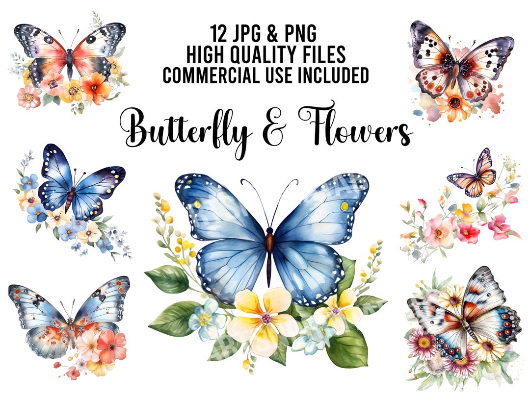Butterfly and Flowers Watercolor Clipart, 12 Pngs and Jpgs and for ...