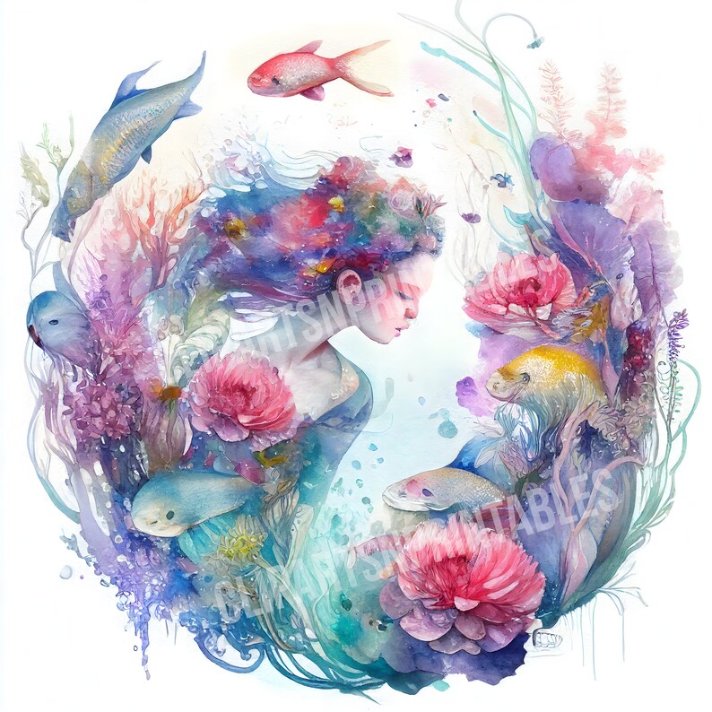 Mermaids Watercolor Clipart, JPG for Digital Download, Card Making ...