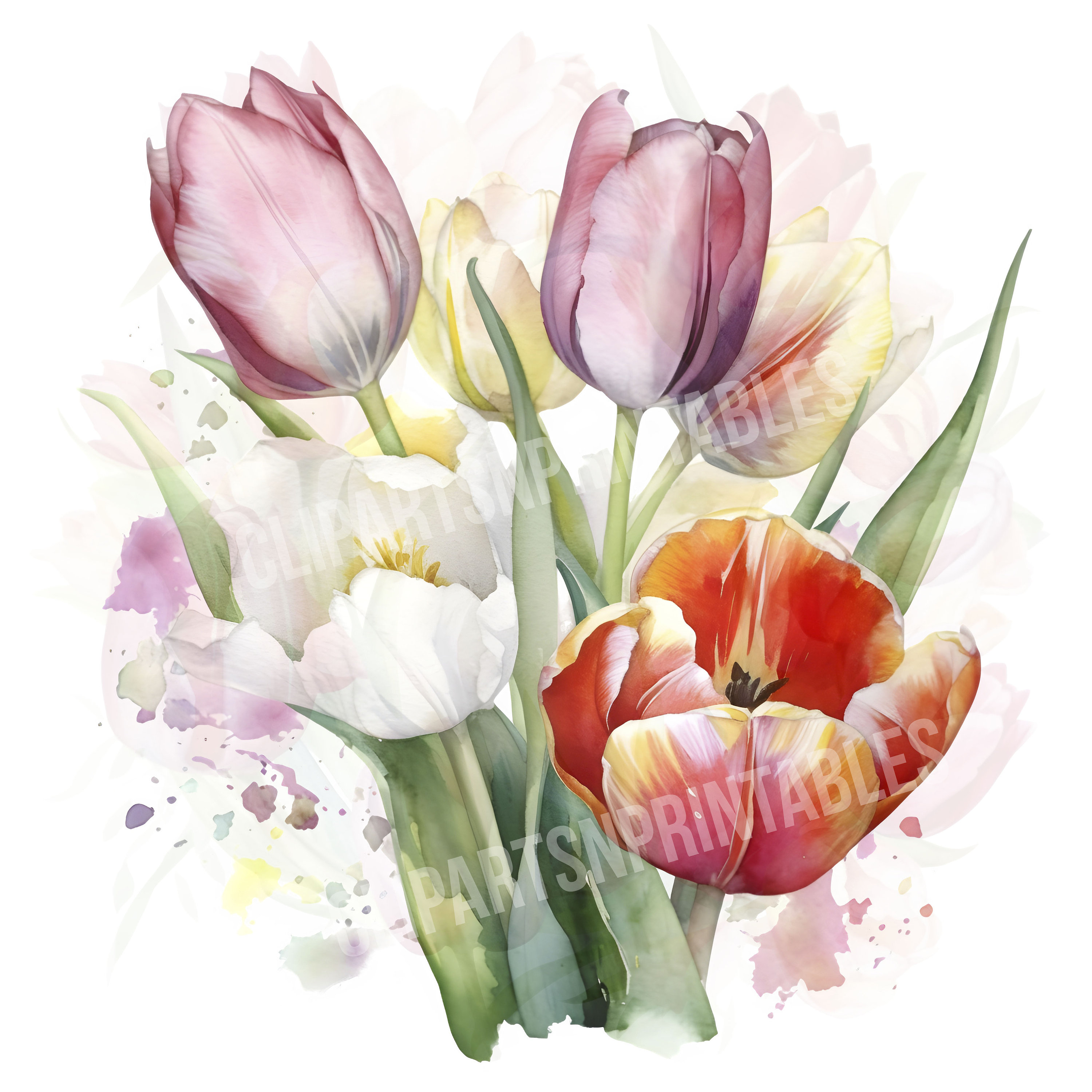 Tulips Watercolor Clipart, 12 Pngs and Jpgs and for Digital Download ...