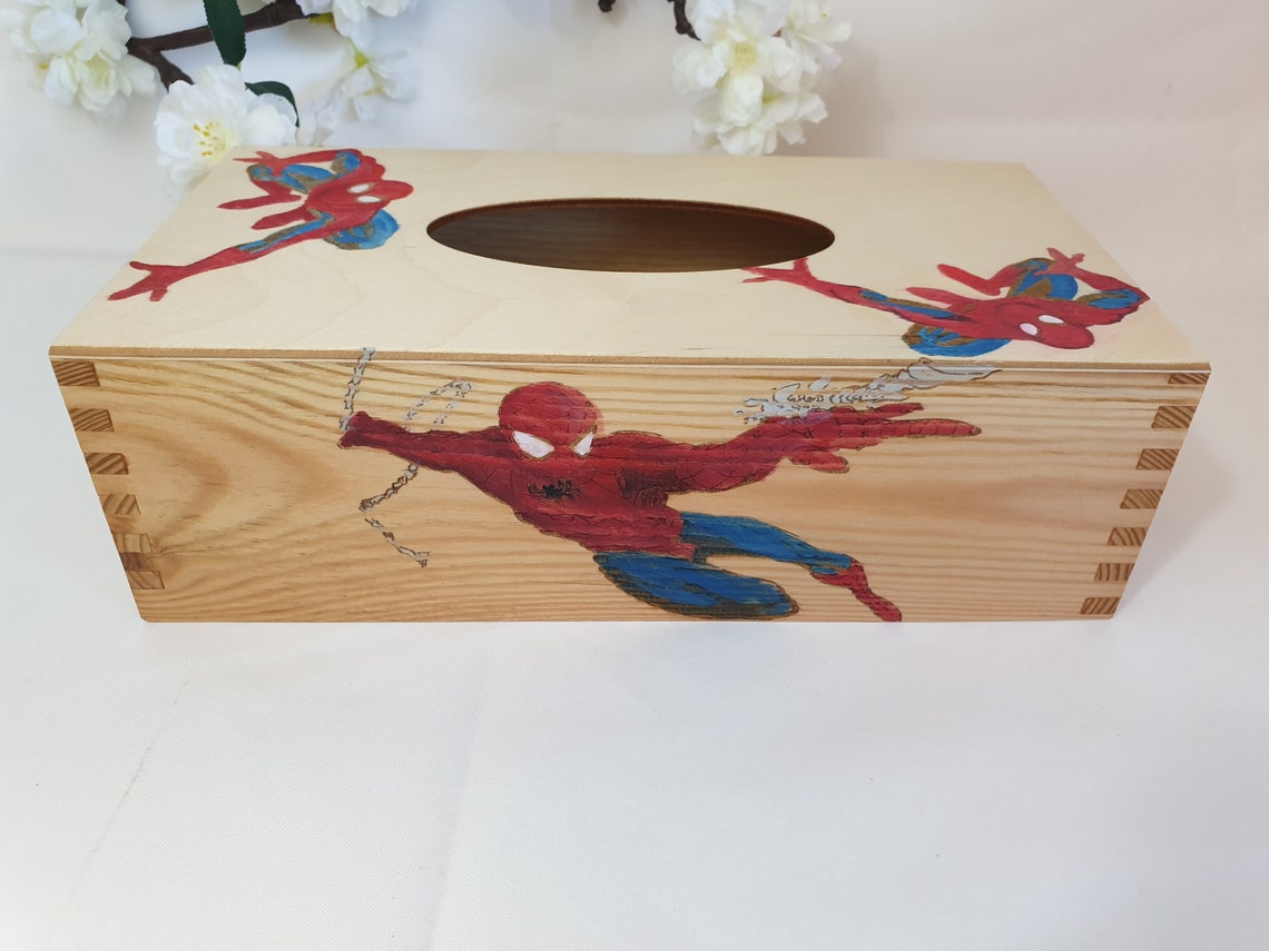 Spiderman Tissue Box Hand Decorated Pine Wood Pyrography - Etsy UK