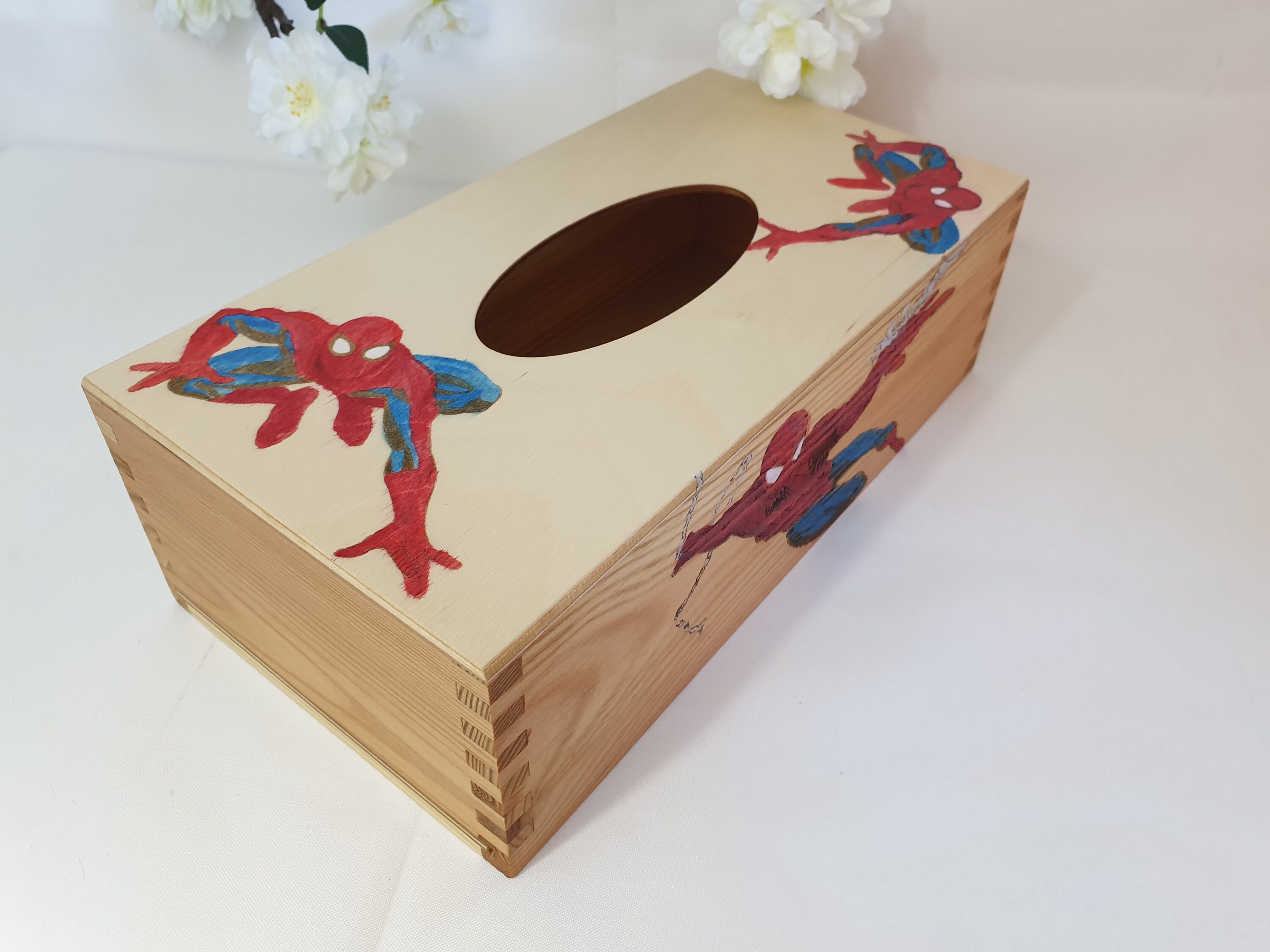 Spiderman Tissue Box, Hand Decorated, Pine Wood , Pyrography Decoration ...