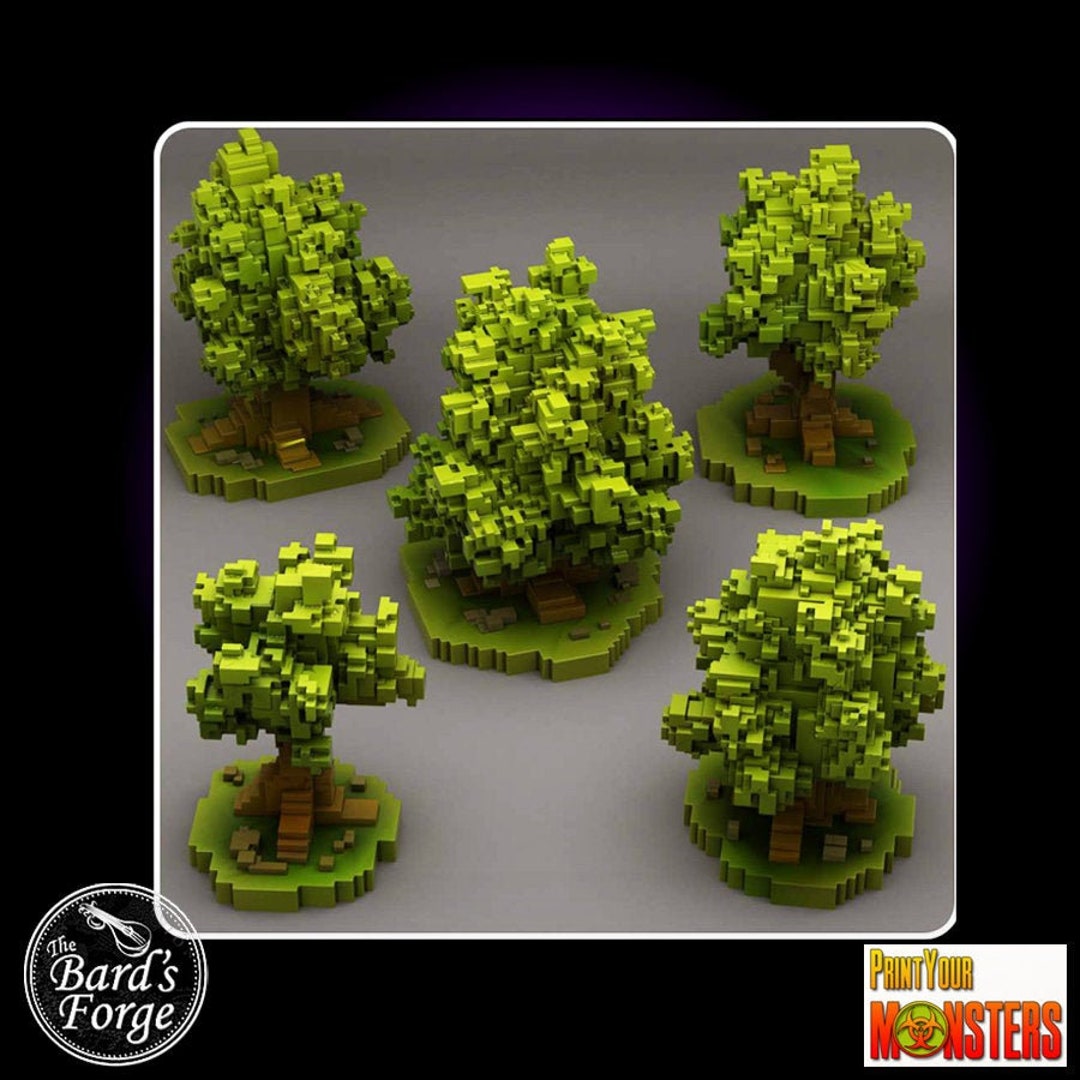 5pc Set Pixel Trees Forest 3D RESIN Printed 28-32mm Tabletop Scatter ...