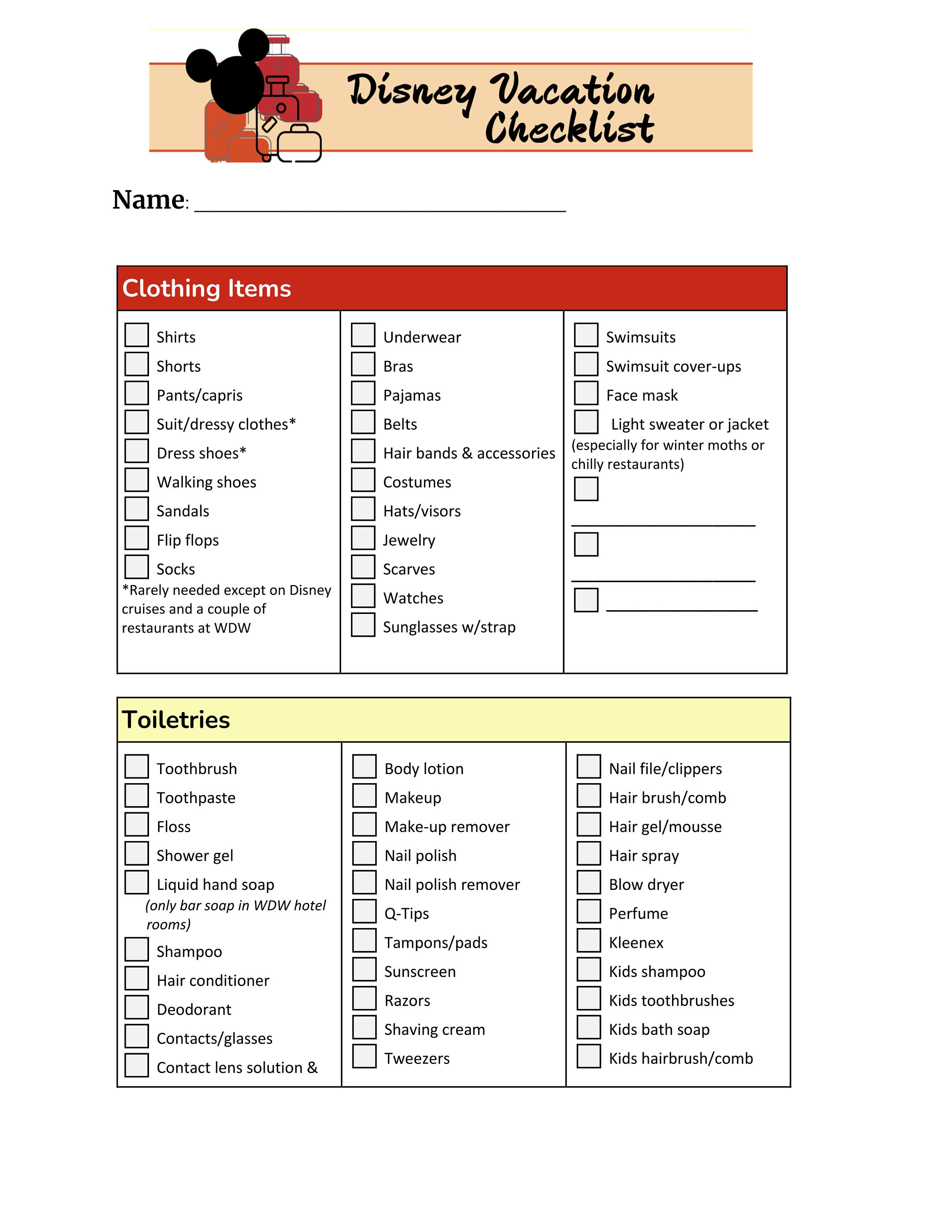 Theme Park Packing List for Trip Planning Packing List - Etsy