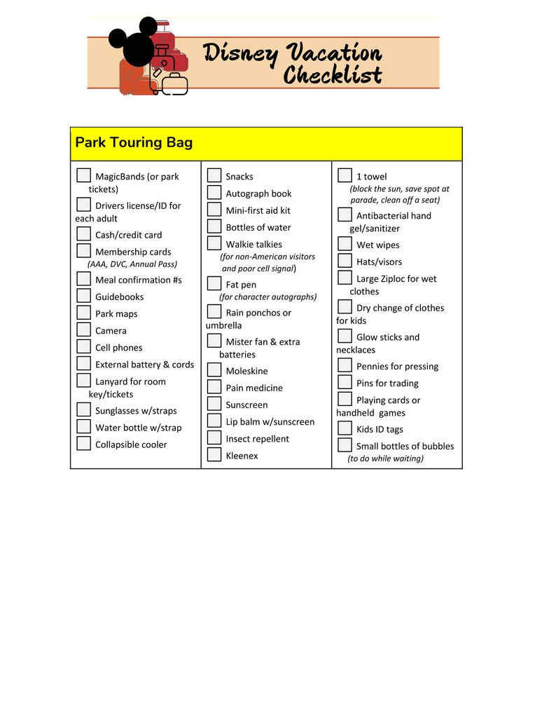 Theme Park Packing List for Trip Planning Packing List - Etsy