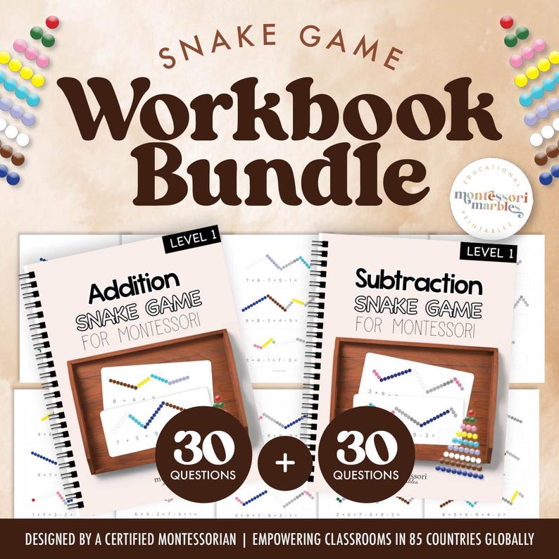 Snake Game Bundle | Addition Subtraction 60 Problems | Montessori Bead ...