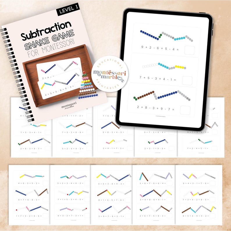 Snake Game Subtraction Workbook | 30 Problems Montessori Bead Bar Math ...