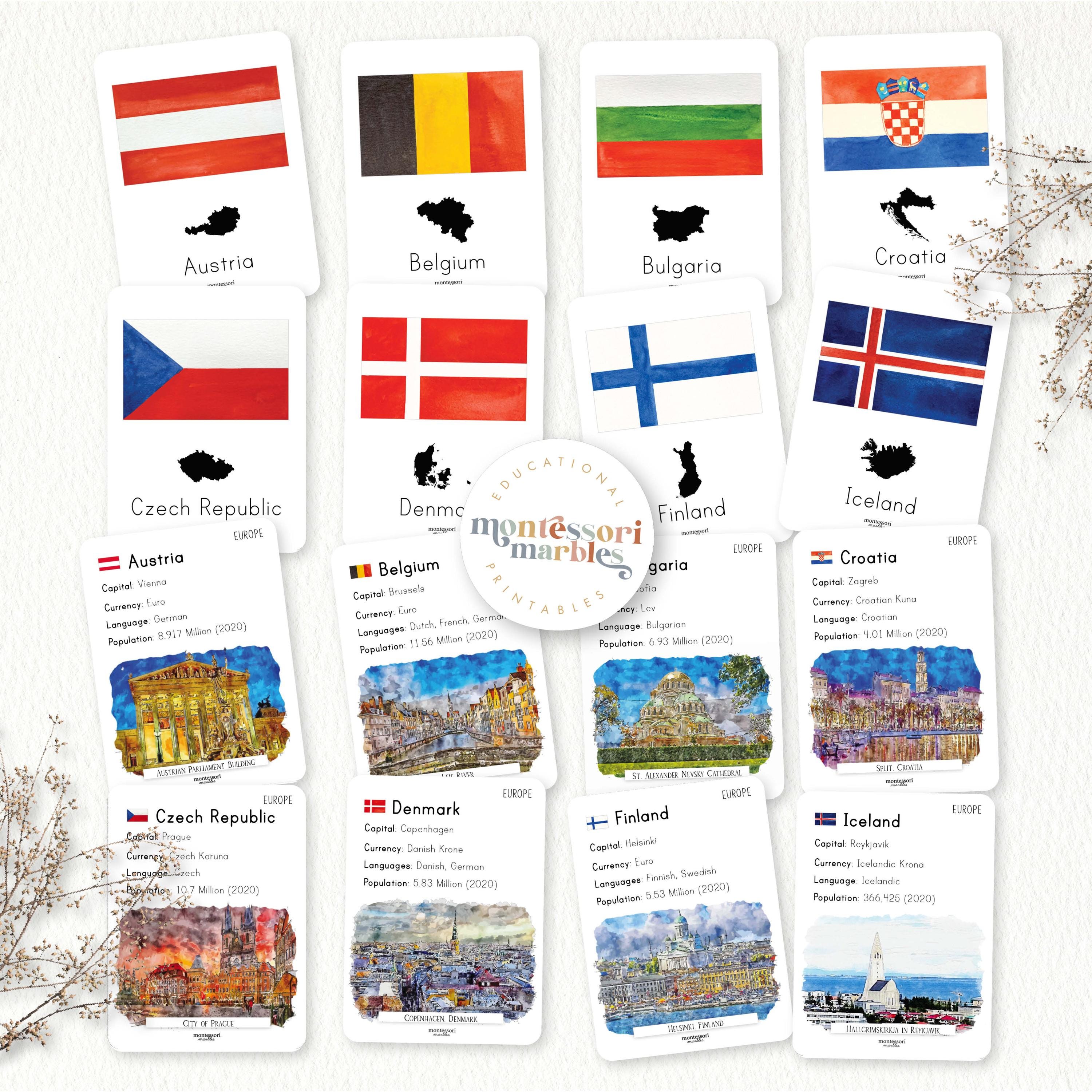 Countries and Flags Flash Cards | Watercolor Landmarks | Montessori ...