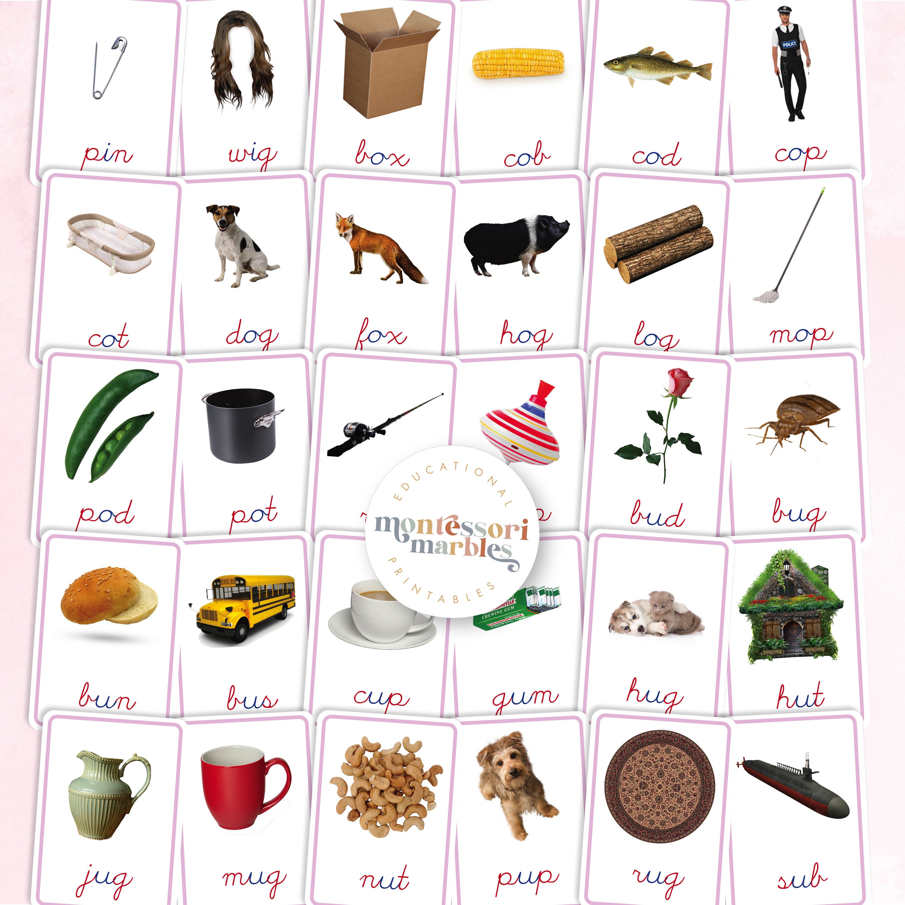 Cursive Pink Series Nomenclature Cards | Montessori CVC Word Reading ...