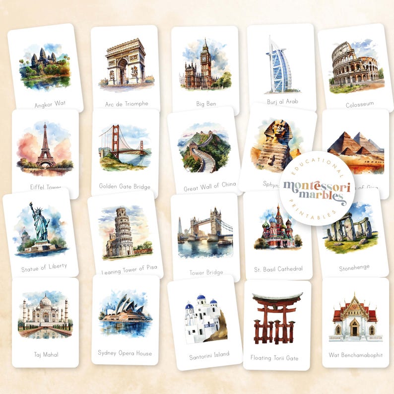 Landmarks Flash Cards | Montessori Global Geography Learning | World ...