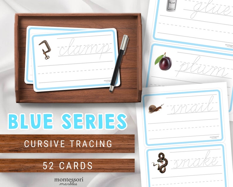 CURSIVE MONTESSORI BLUE Series Tracing Cards Tracing Words - Etsy