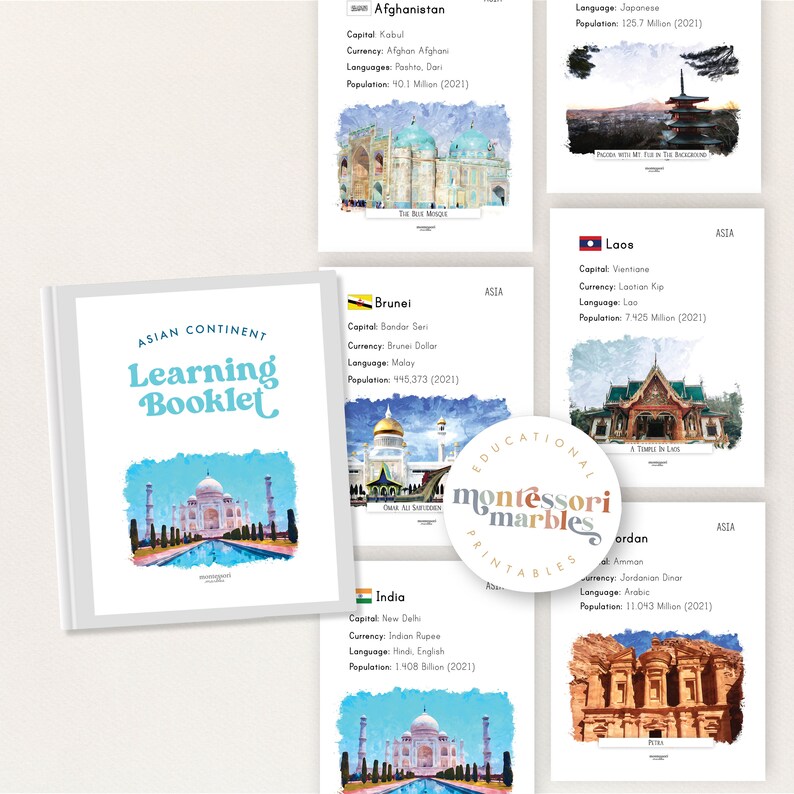 Asia Learning Booklet | Watercolor Country Landmarks | Montessori ...