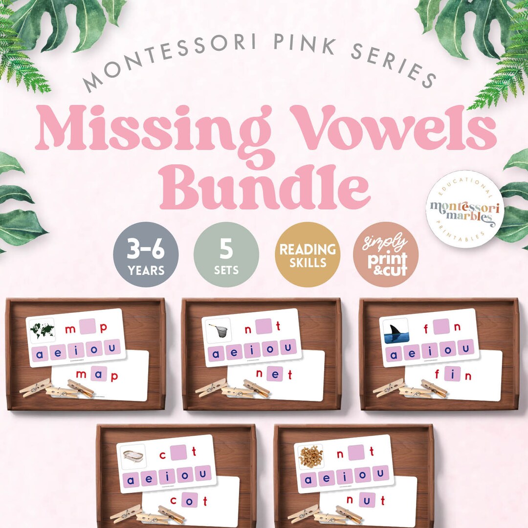 BUNDLE PACK Montessori Pink Series Missing Vowels Cards for Short A, E ...