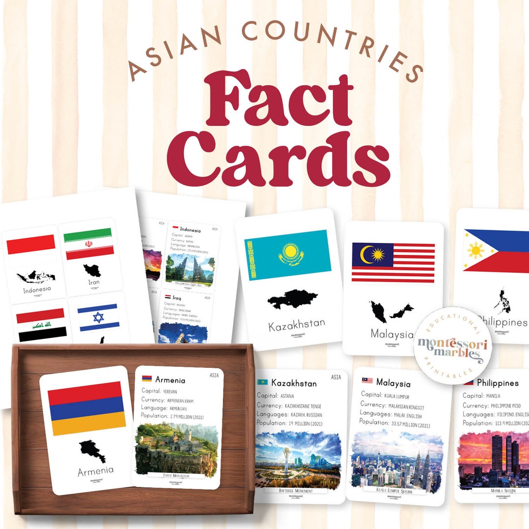 ASIA Fact Cards With Watercolor Painting of Landmarks Montessori ...
