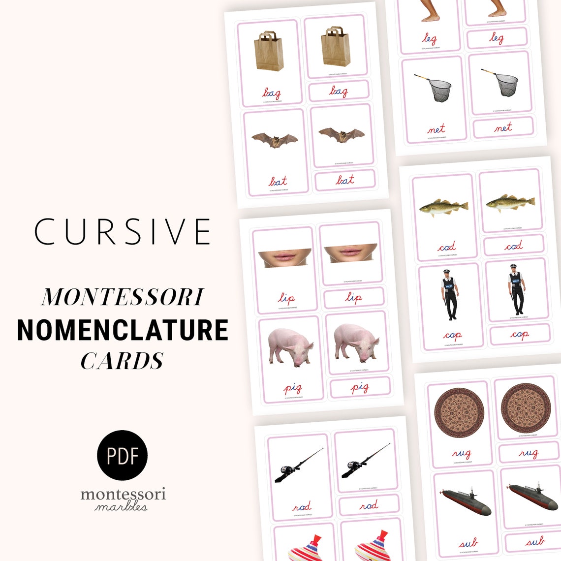 CURSIVE Montessori Nomenclature Cards Pink Series CVC Words - Etsy