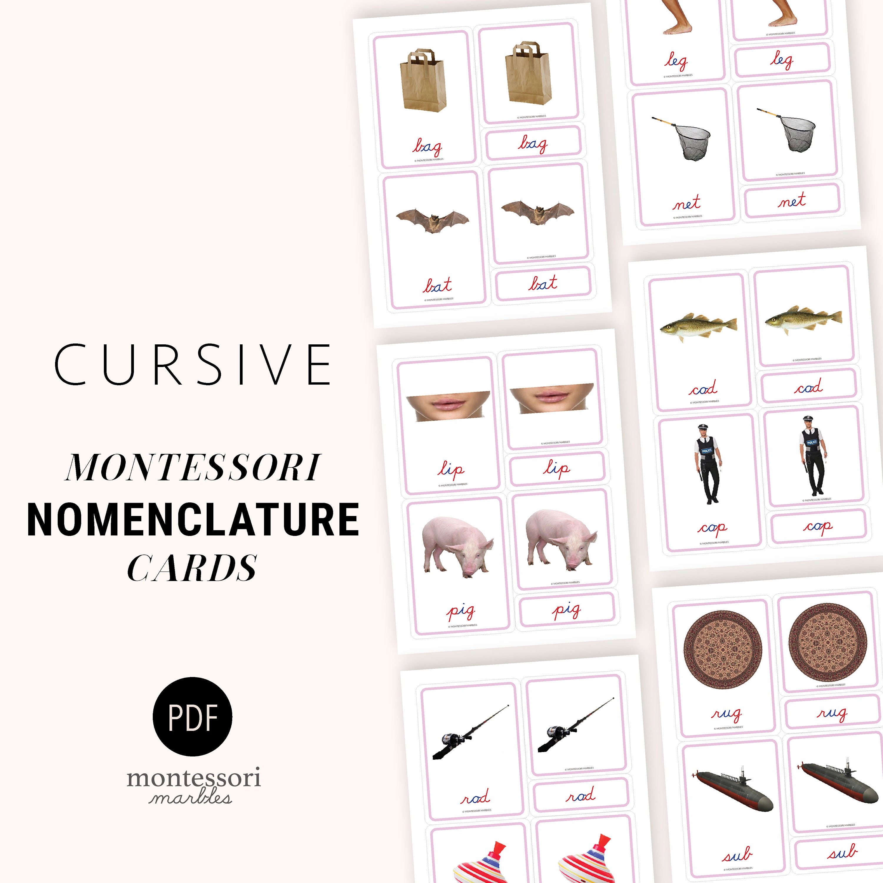 CURSIVE Montessori Nomenclature Cards Pink Series CVC Words - Etsy