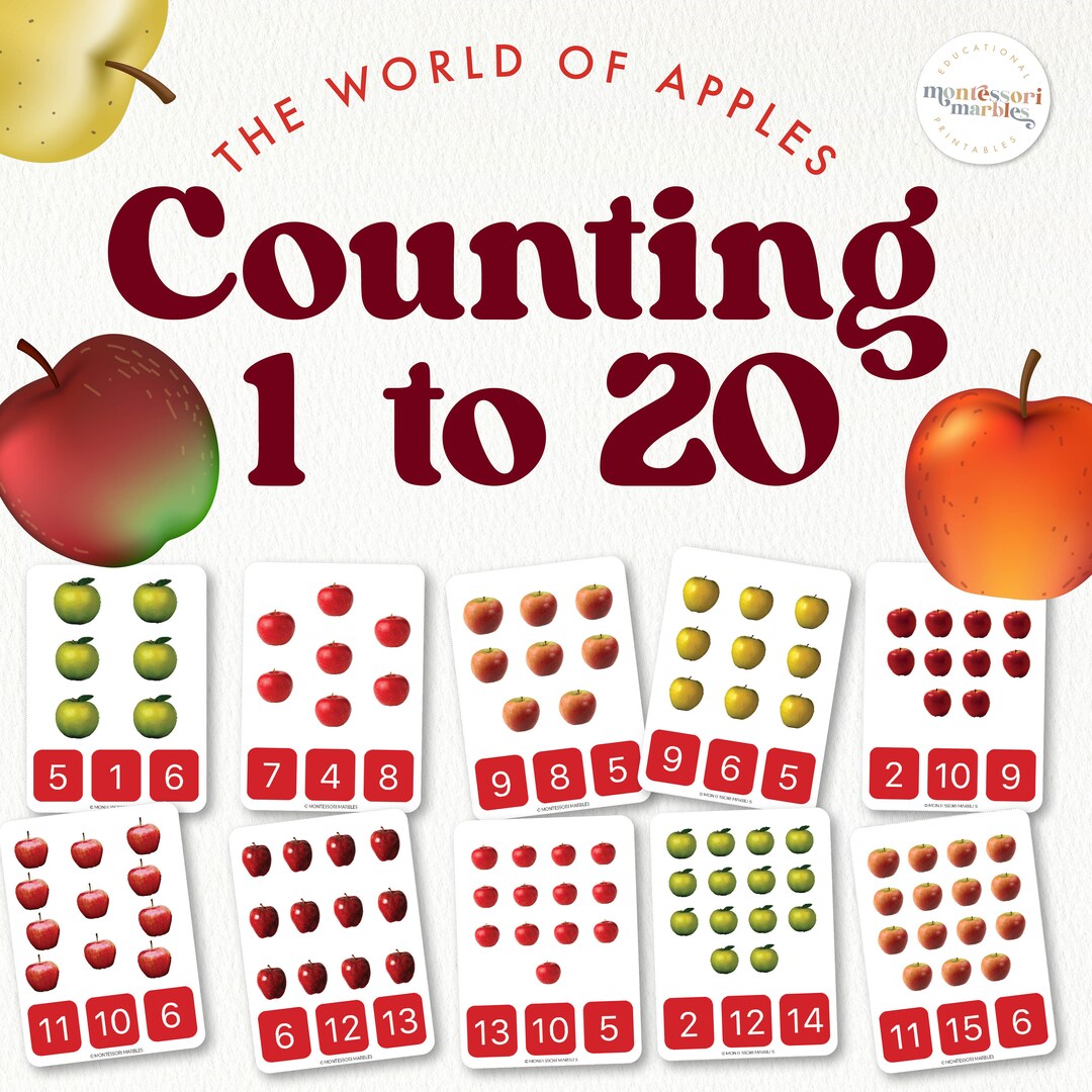 APPLES Counting 1 to 20 Flash Cards, Kindergarten Math, Learn to Count ...