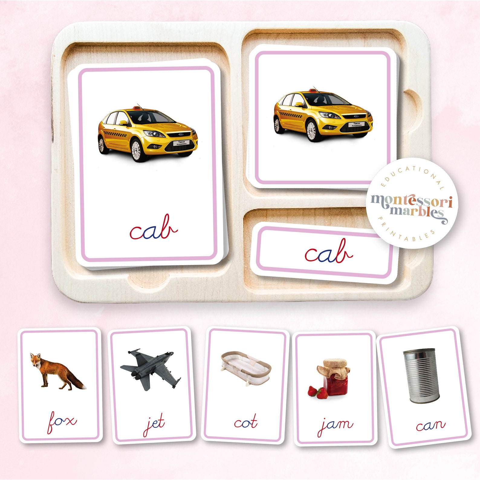 CURSIVE Montessori Nomenclature Cards, Pink Series, CVC Words, Short ...