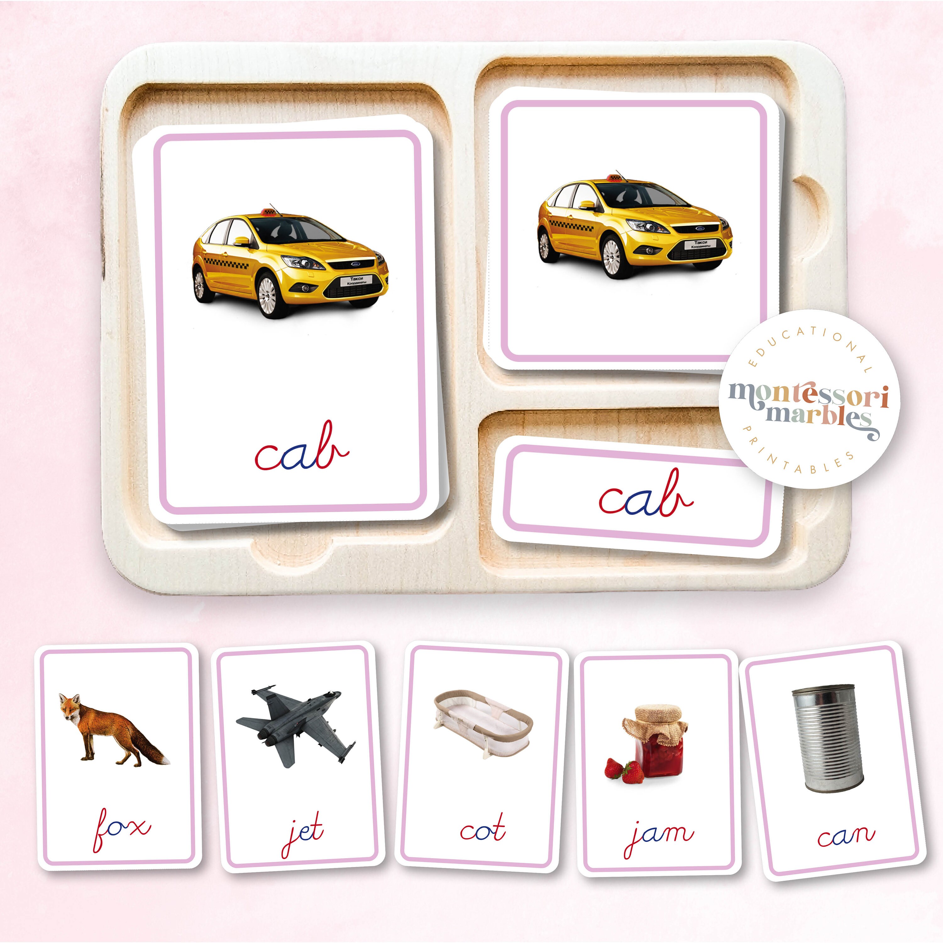 CURSIVE Montessori Nomenclature Cards, Pink Series, CVC Words, Short ...