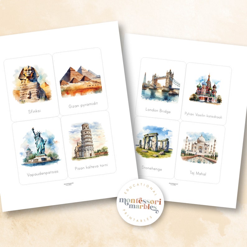 Landmarks Flash Cards in Finnish | Montessori World Geography Learning ...