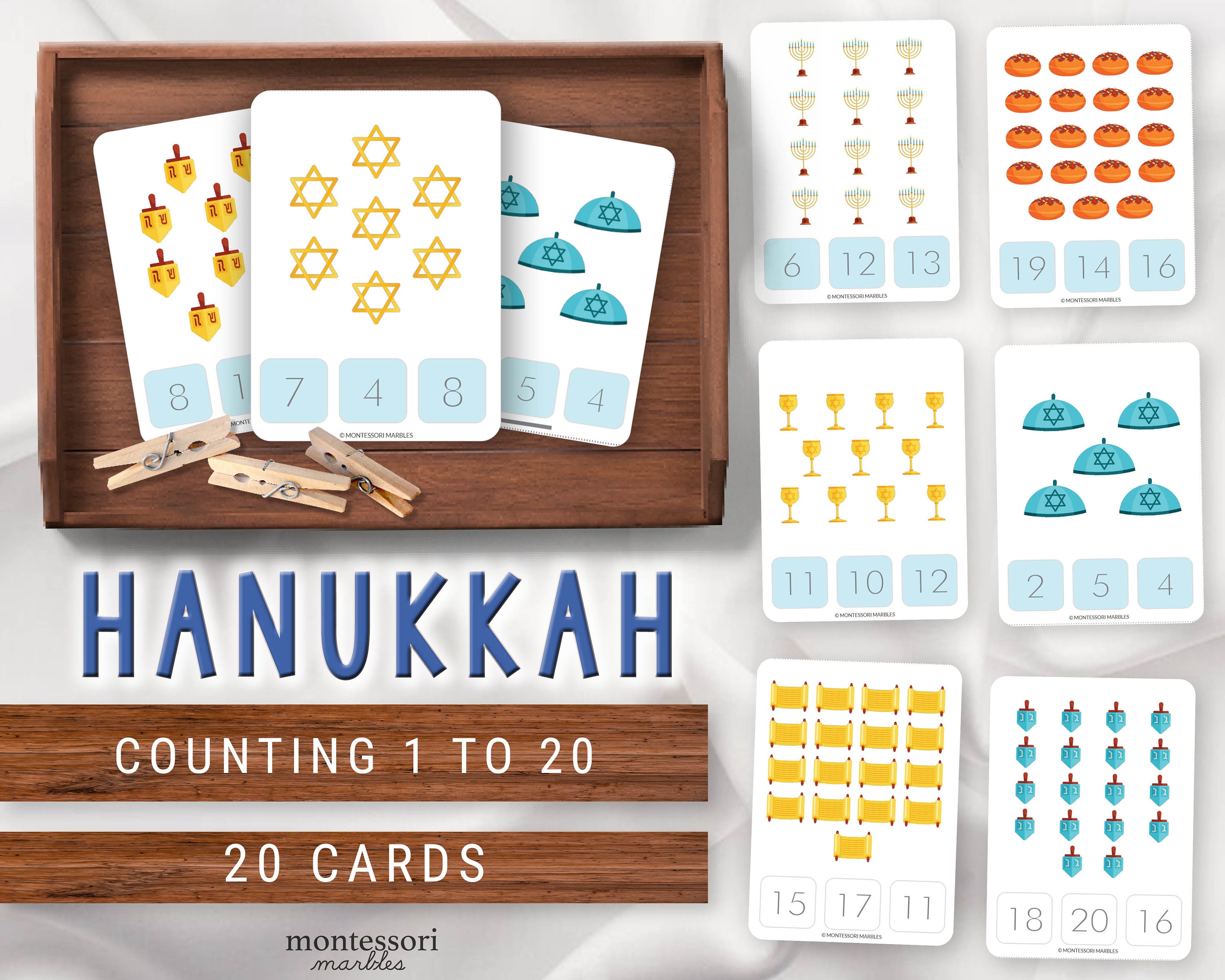 HANUKKAH Counting Flash Cards, Montessori Math Prek Clip Card Activity ...