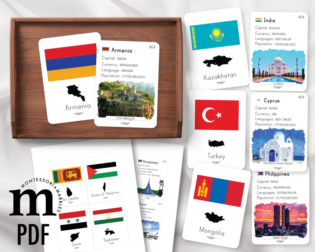 ASIA Fact Cards With Watercolor Painting of Landmarks - Etsy