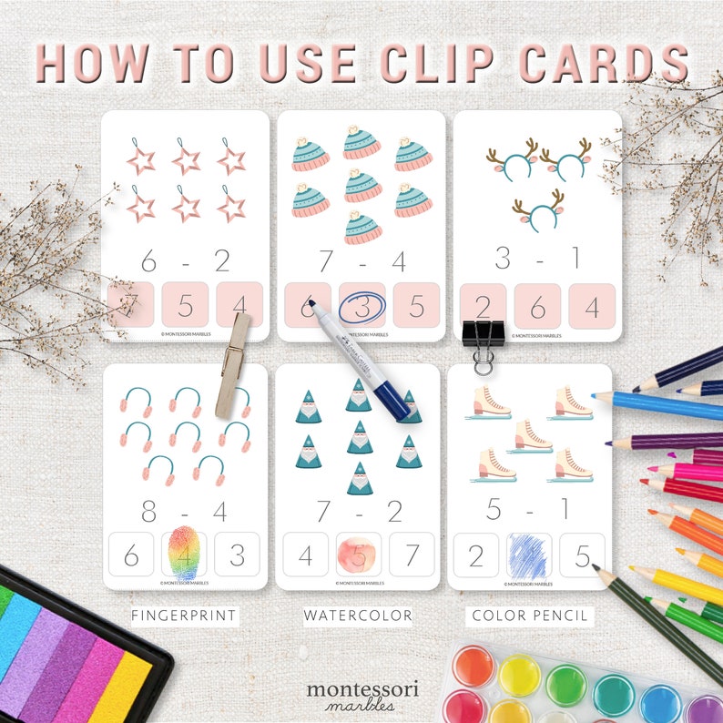WINTER Subtraction Clip Cards Math Printable Kindergarten - Etsy