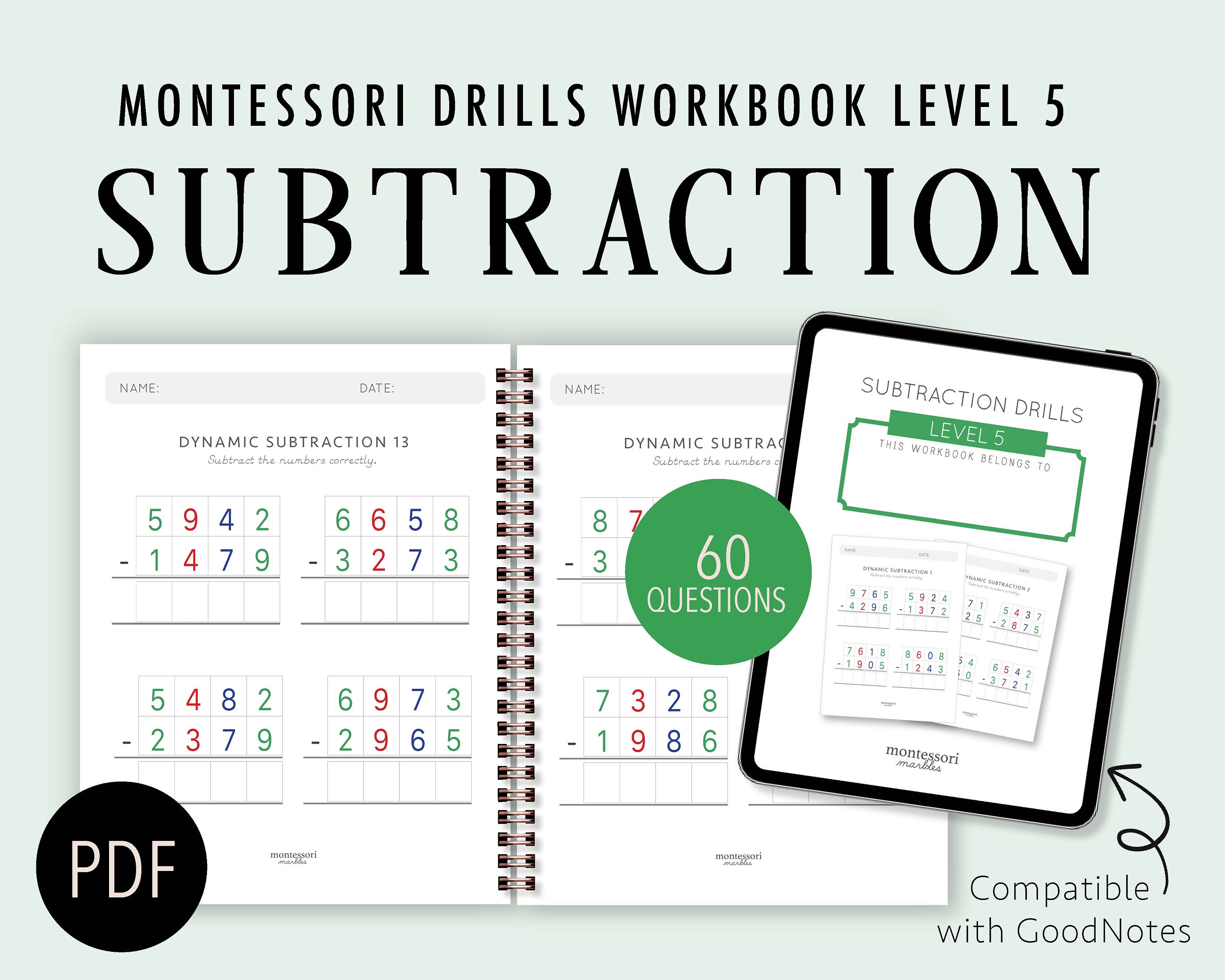 Level 5 Montessori Math Subtraction Drills Four-digit - Etsy