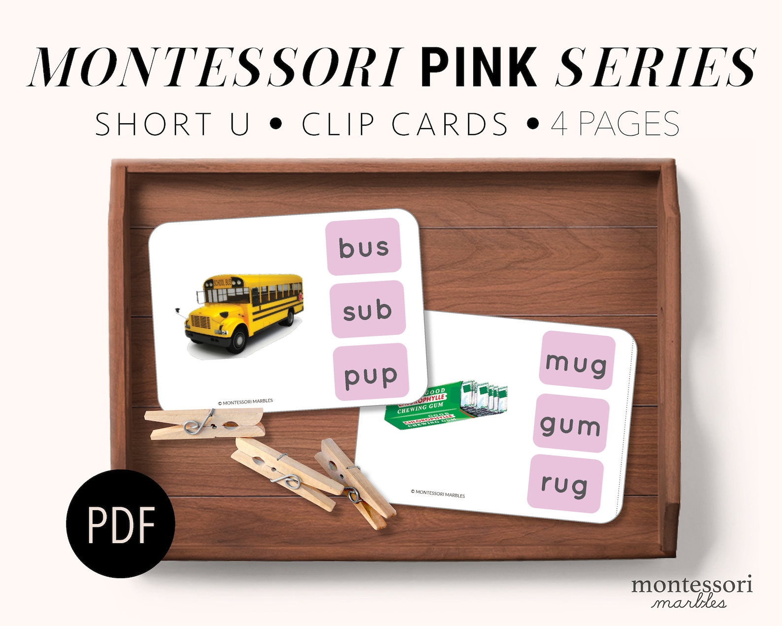 Montessori Pink Series Name the Objects SHORT U Flash Card Printable ...