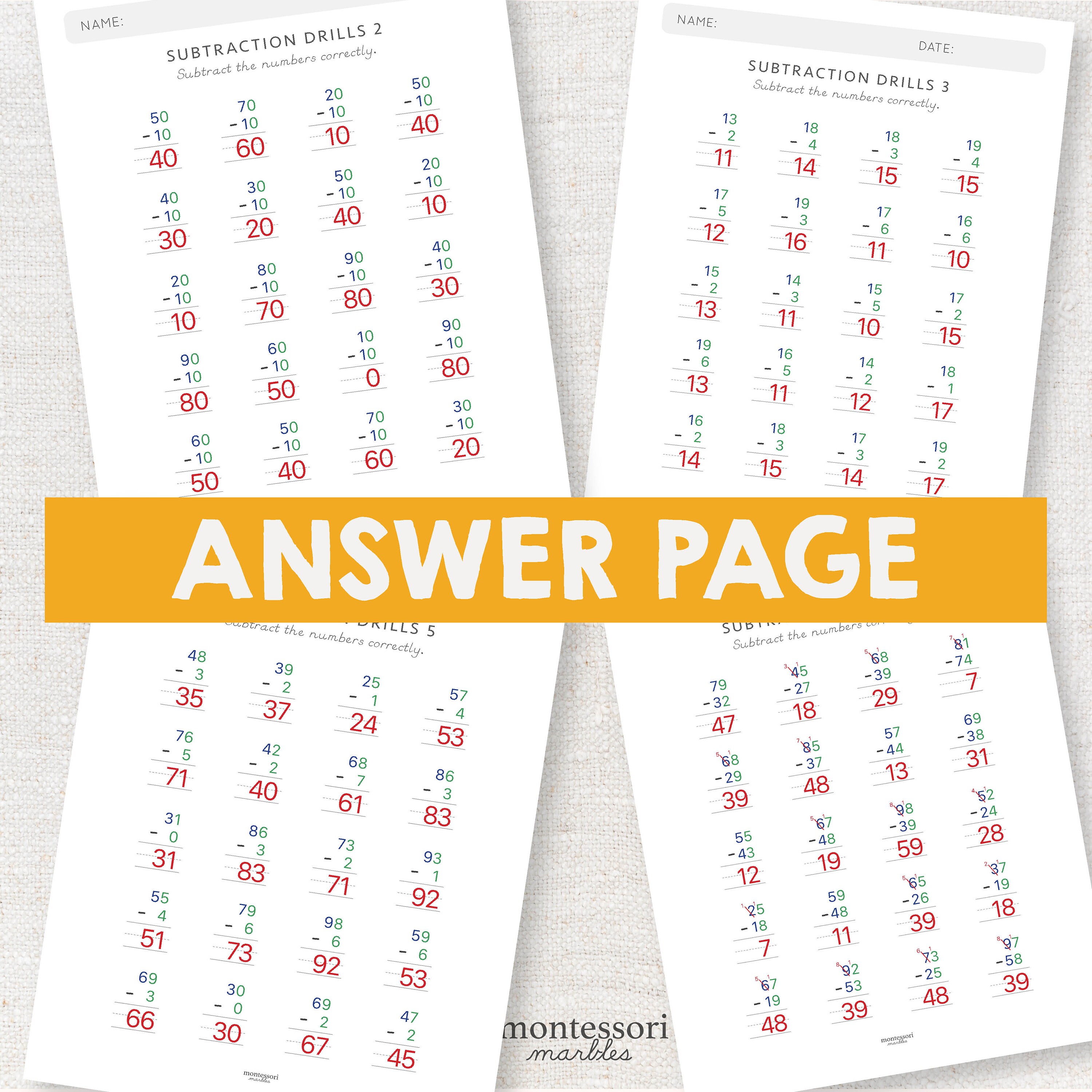 Level 2 Montessori Math Subtraction Drills Stamp Game - Etsy