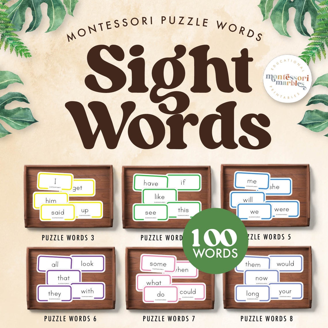 Sight Words Puzzle Cards | 100 Dolch Words Color-coded | Montessori ...