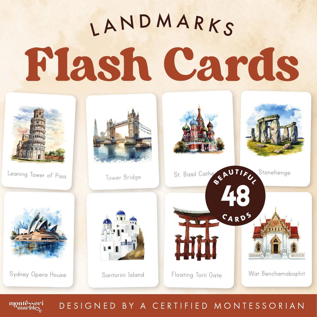 Landmarks Flash Cards | Montessori Global Geography Learning | World ...