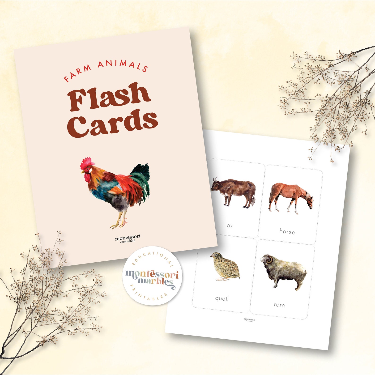 Farm Animals Flash Cards | Montessori Inspired Printable | Watercolor ...