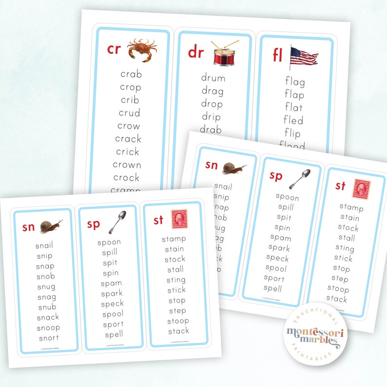 Montessori Blue Series Beginning Blends Word Lists | Early Literacy ...