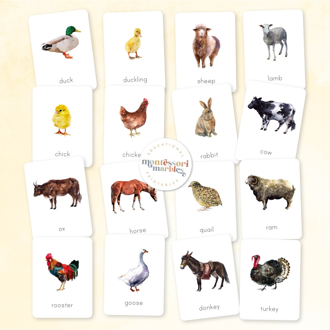 Farm Animals Flash Cards | Montessori Inspired Printable | Watercolor ...