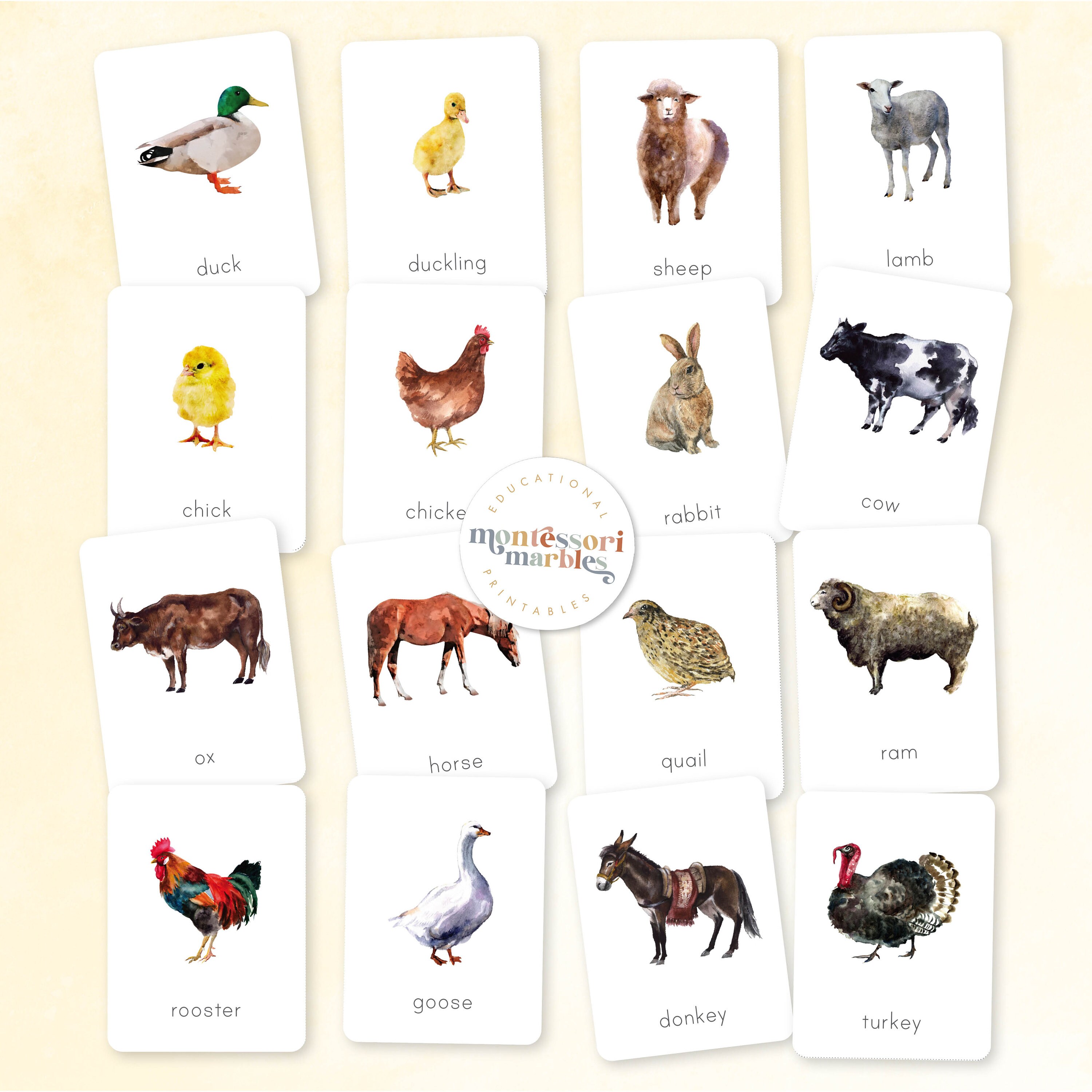 Farm Animals Flash Cards | Montessori Inspired Printable | Watercolor ...