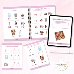 BUNDLE Montessori Pink Series Workbooks, Short A E I O U, CVC Words for ...