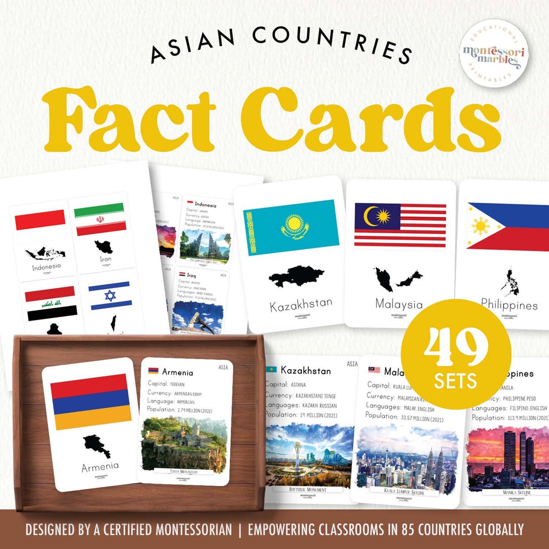 ASIA Fact Cards With Watercolor Painting of Landmarks | Montessori ...
