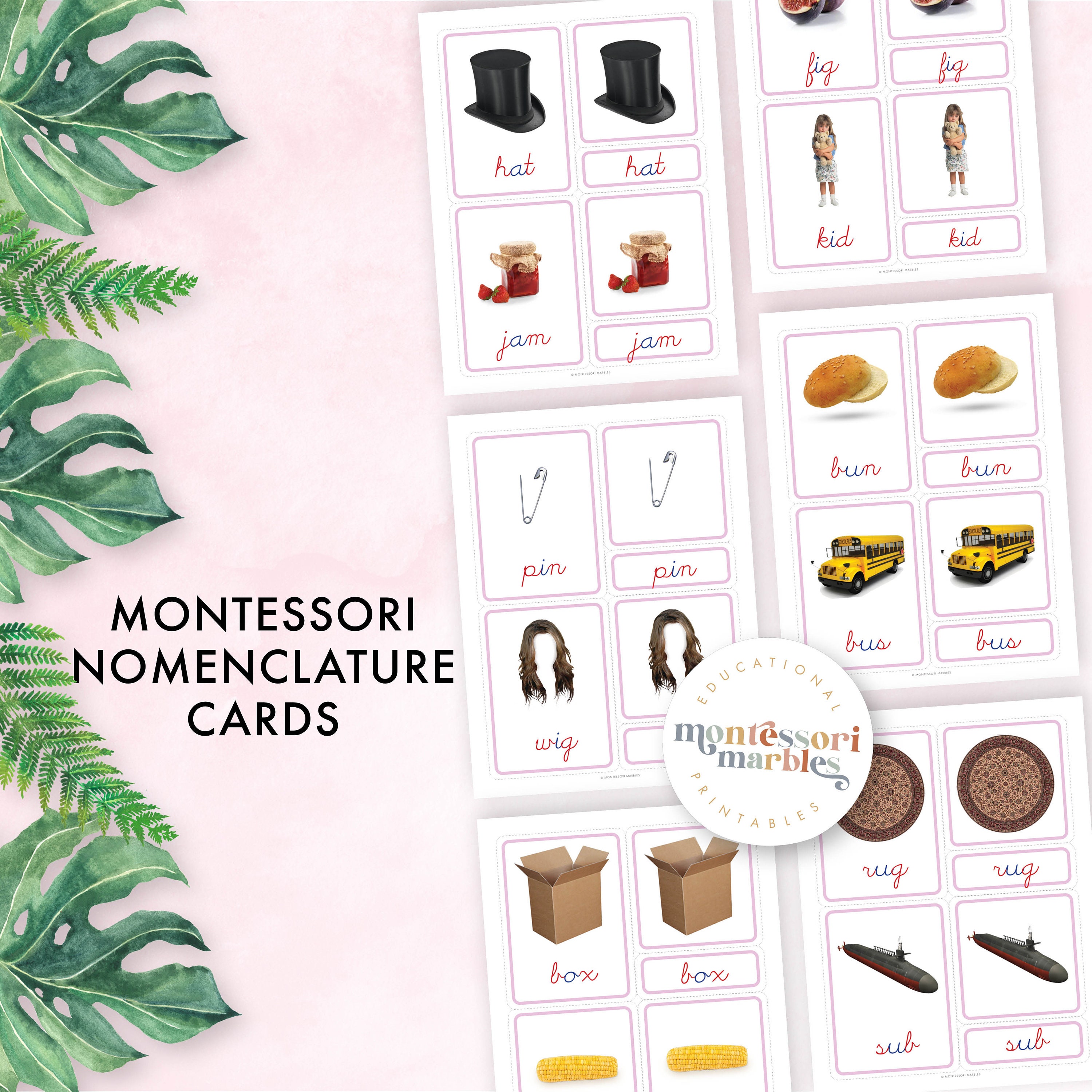 Cursive Pink Series Nomenclature Cards | Montessori CVC Word Reading ...