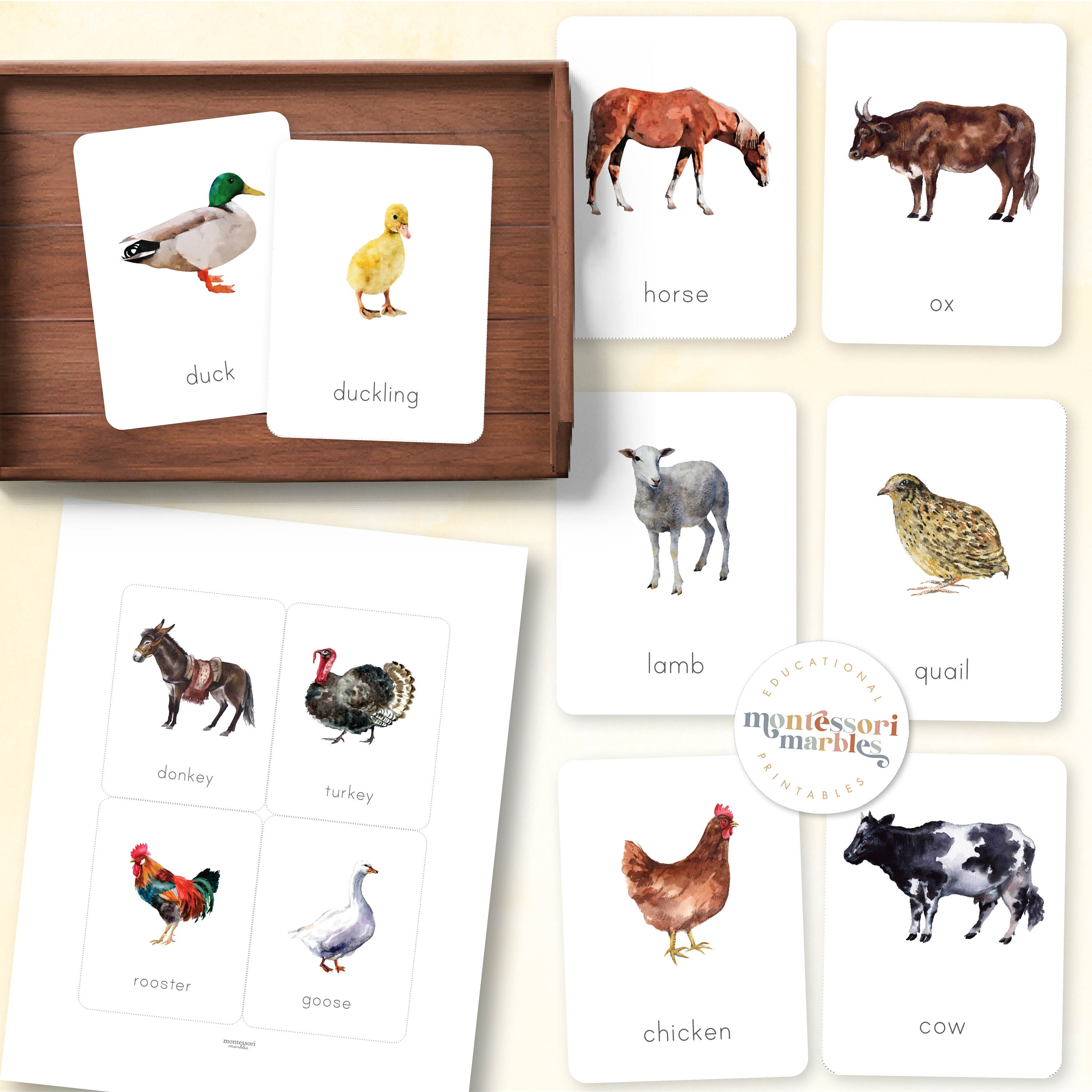 Farm Animals Flash Cards | Montessori Inspired Printable | Watercolor ...