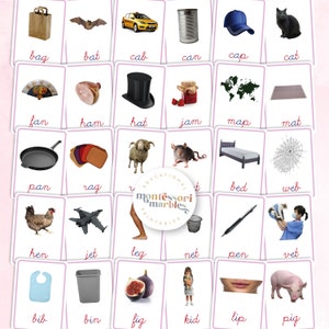 CURSIVE Montessori Nomenclature Cards, Pink Series, CVC Words, Short ...