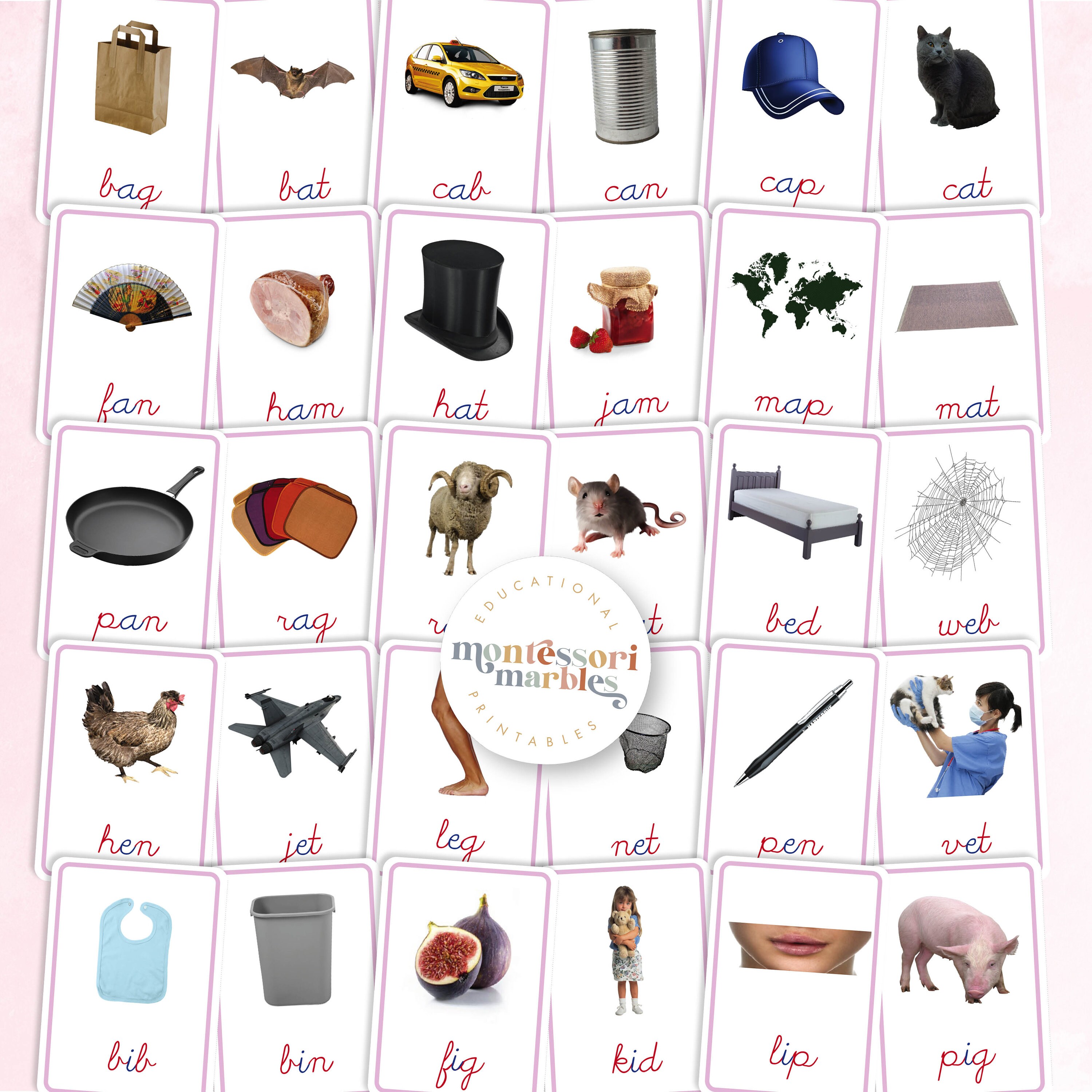 Cursive Pink Series Nomenclature Cards | Montessori CVC Word Reading ...