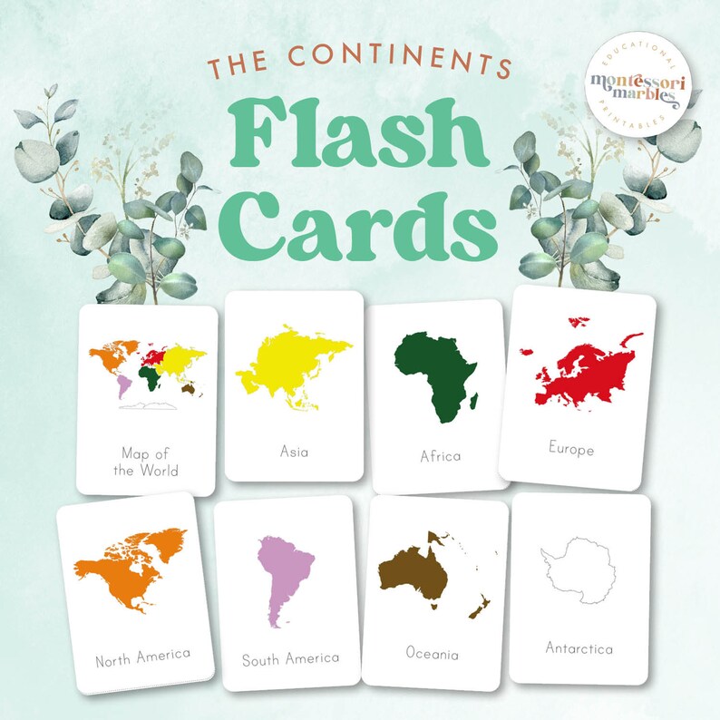 SEVEN CONTINENTS Flash Cards Montessori Resources, Social Studies, Asia ...