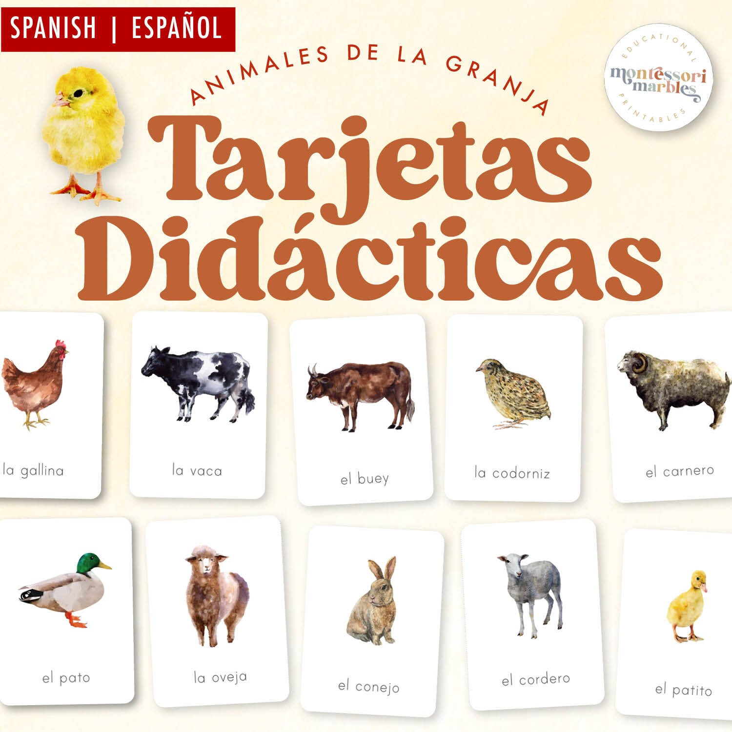 Farm Animals Flash Cards | Spanish Montessori Vocabulary | Bilingual ...