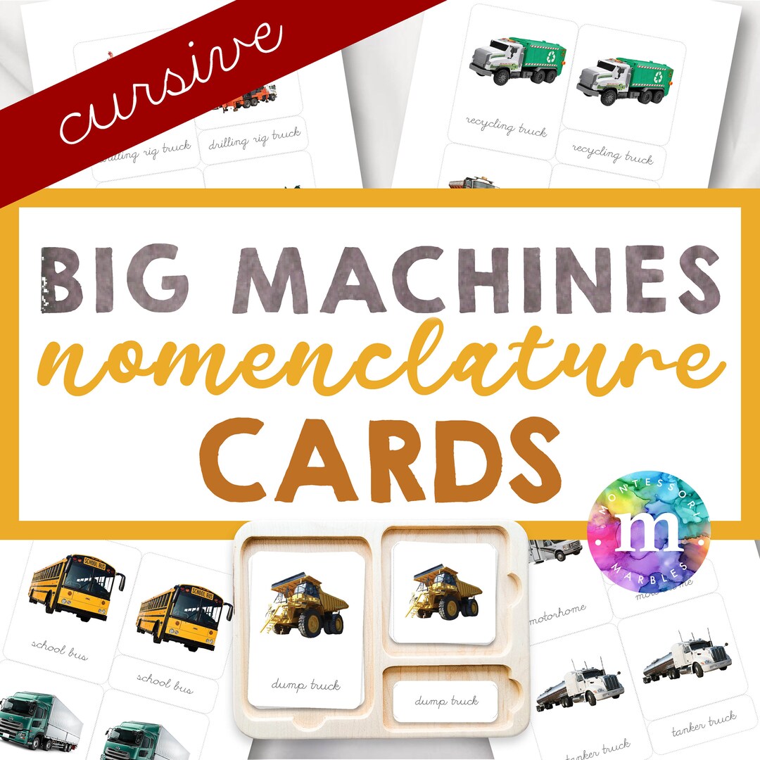CURSIVE LARGE VEHICLES Montessori Nomenclature Cards Big Trucks and ...