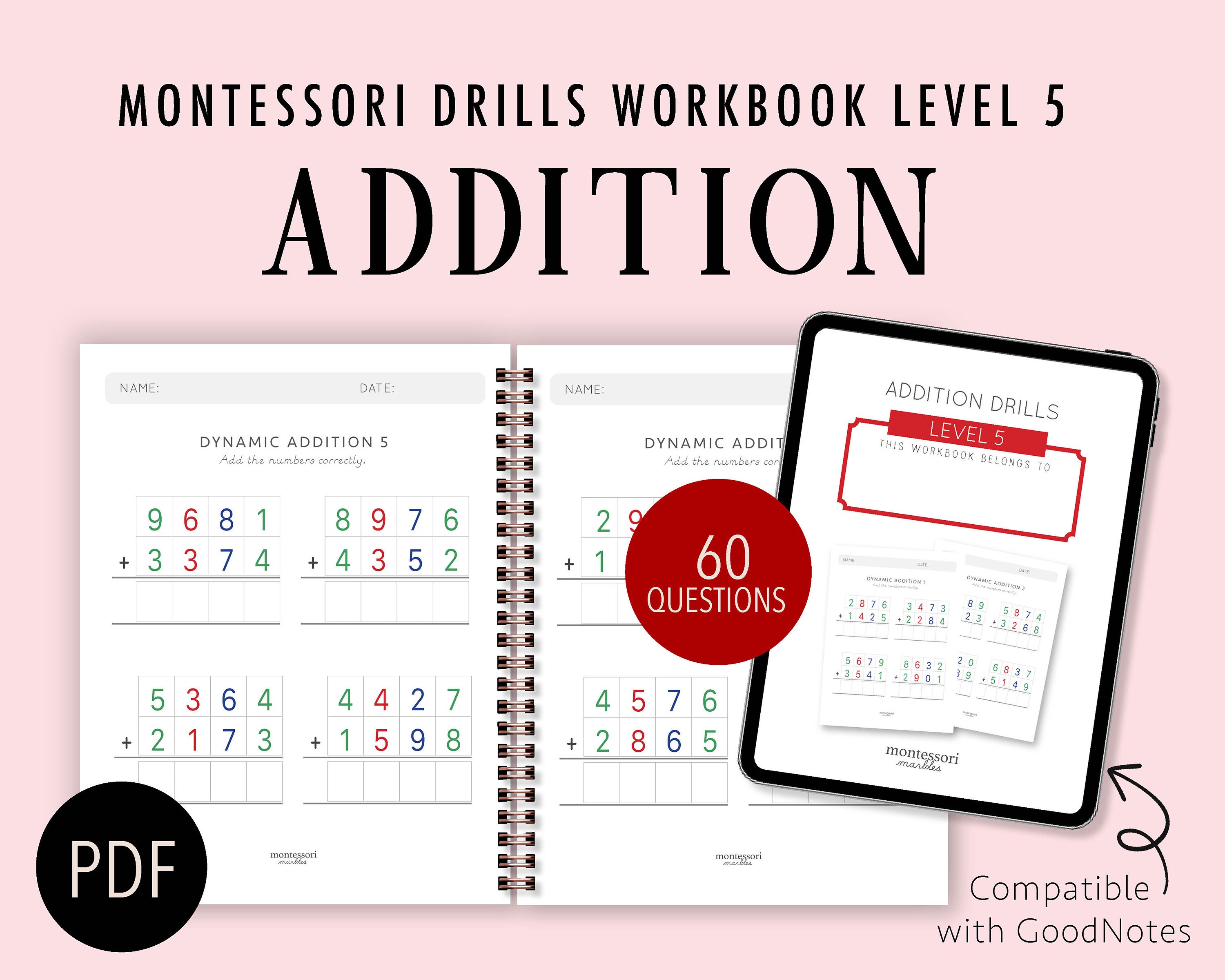 4th GRADE, Montessori Math, Addition Drills Level 5, Four Digit ...